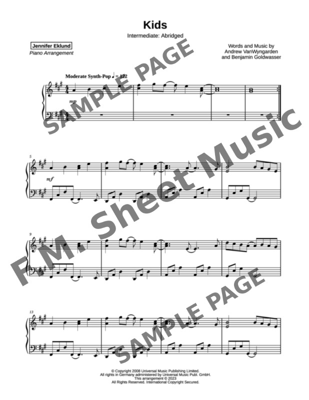 Kids (Intermediate Piano) By MGMT - F.M. Sheet Music - Pop Arrangements by Jennifer Eklund